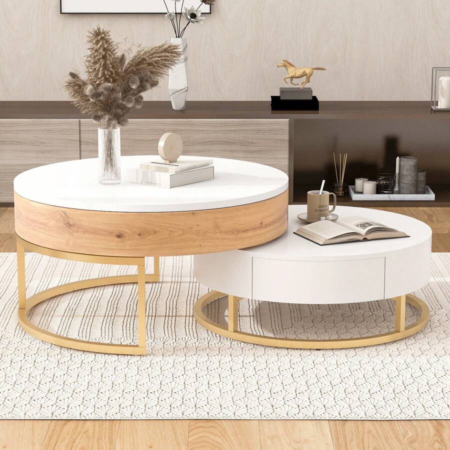 Modern Round Lift-Top Nesting Coffee Tables With 2 Drawers White ...