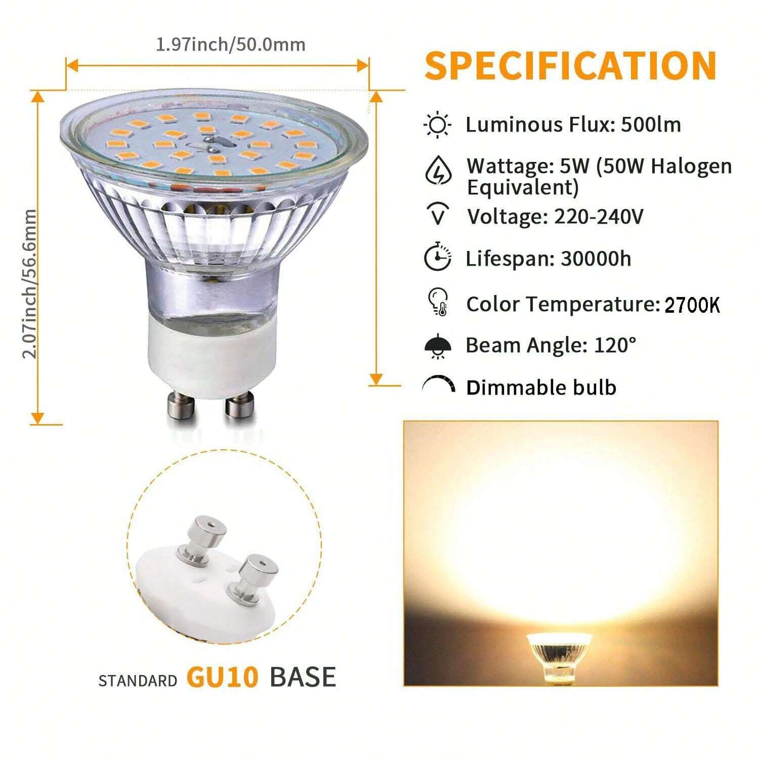 GU10 LED Bulbs, Warm White, 5 Watt, Replace 50 W Halogen Bulbs, 500 Lumen, 2700 K, AC 220 -240 V ...