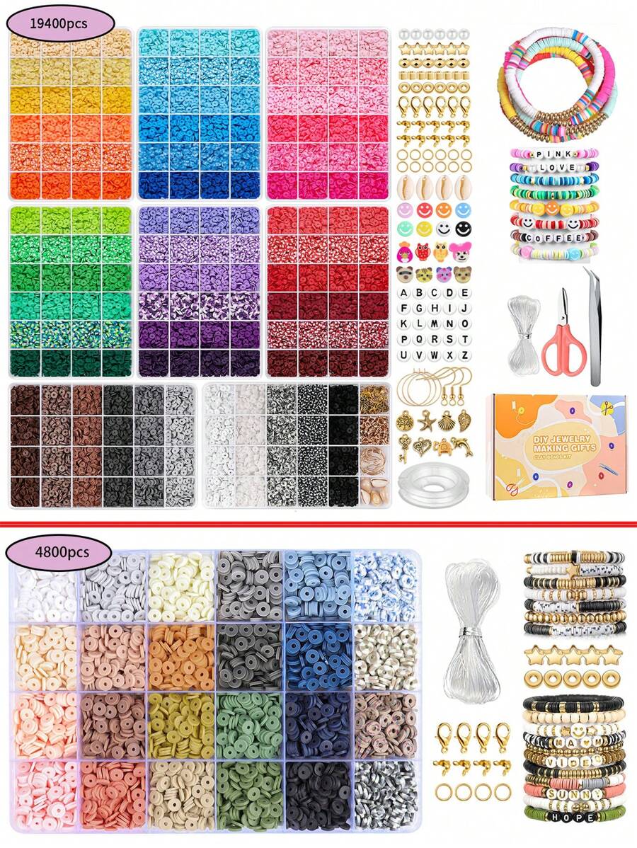 4800pcs/19400pcs Polymer Clay Beads Bracelet Making Kit, Preppy ...