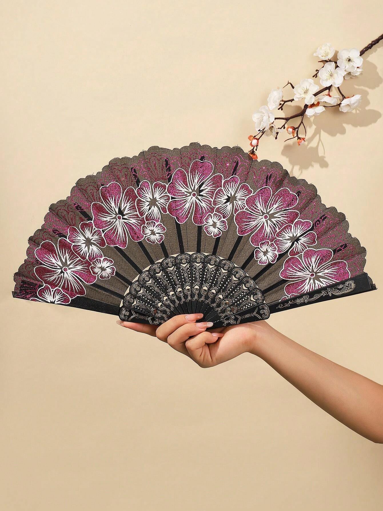 Leque Dobrável de Estilo Chinês com Impressão Floral Tradicional | SHEIN PT