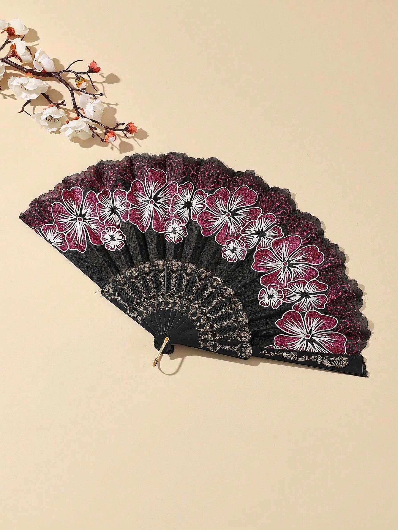 Leque Dobrável de Estilo Chinês com Impressão Floral Tradicional | SHEIN PT