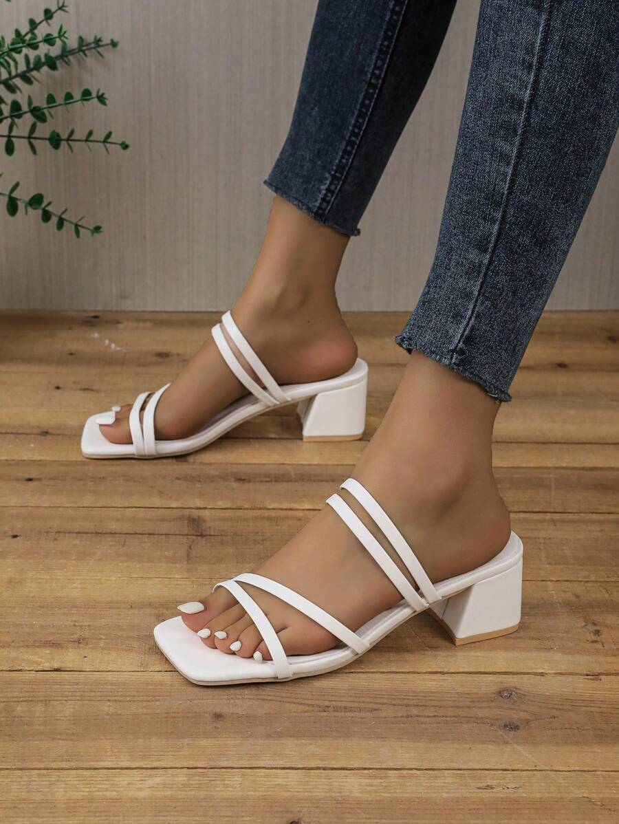 Sandálias femininas de salto alto e bico quadrado, estilo verão 2024 com correias em estilo de ...