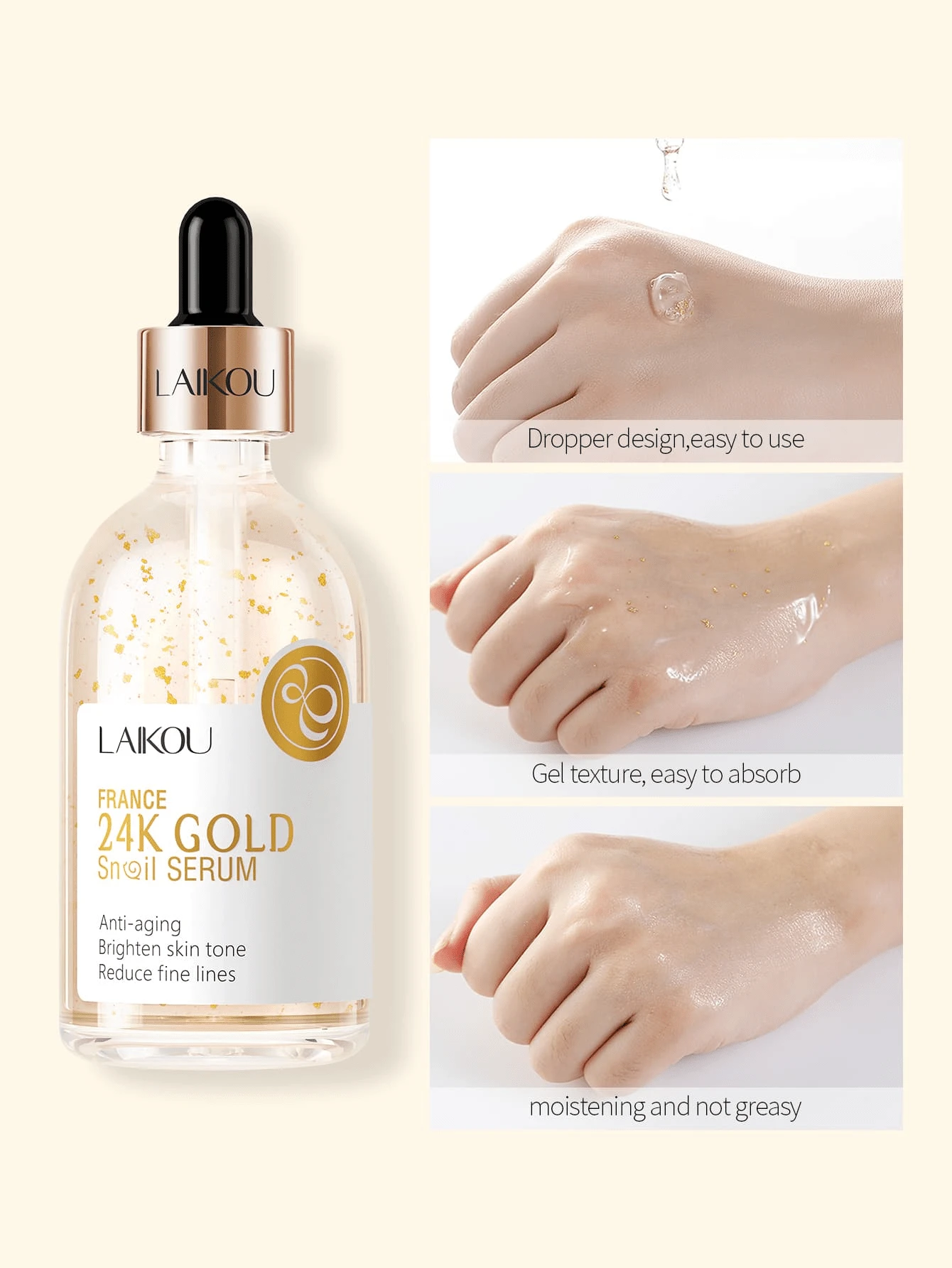 LAIKOU 1ชิ้น Anti-Aging LAIKOU 24K Gold Snail Facial Serum, 100Ml Repairing Face Essence Lifting ...