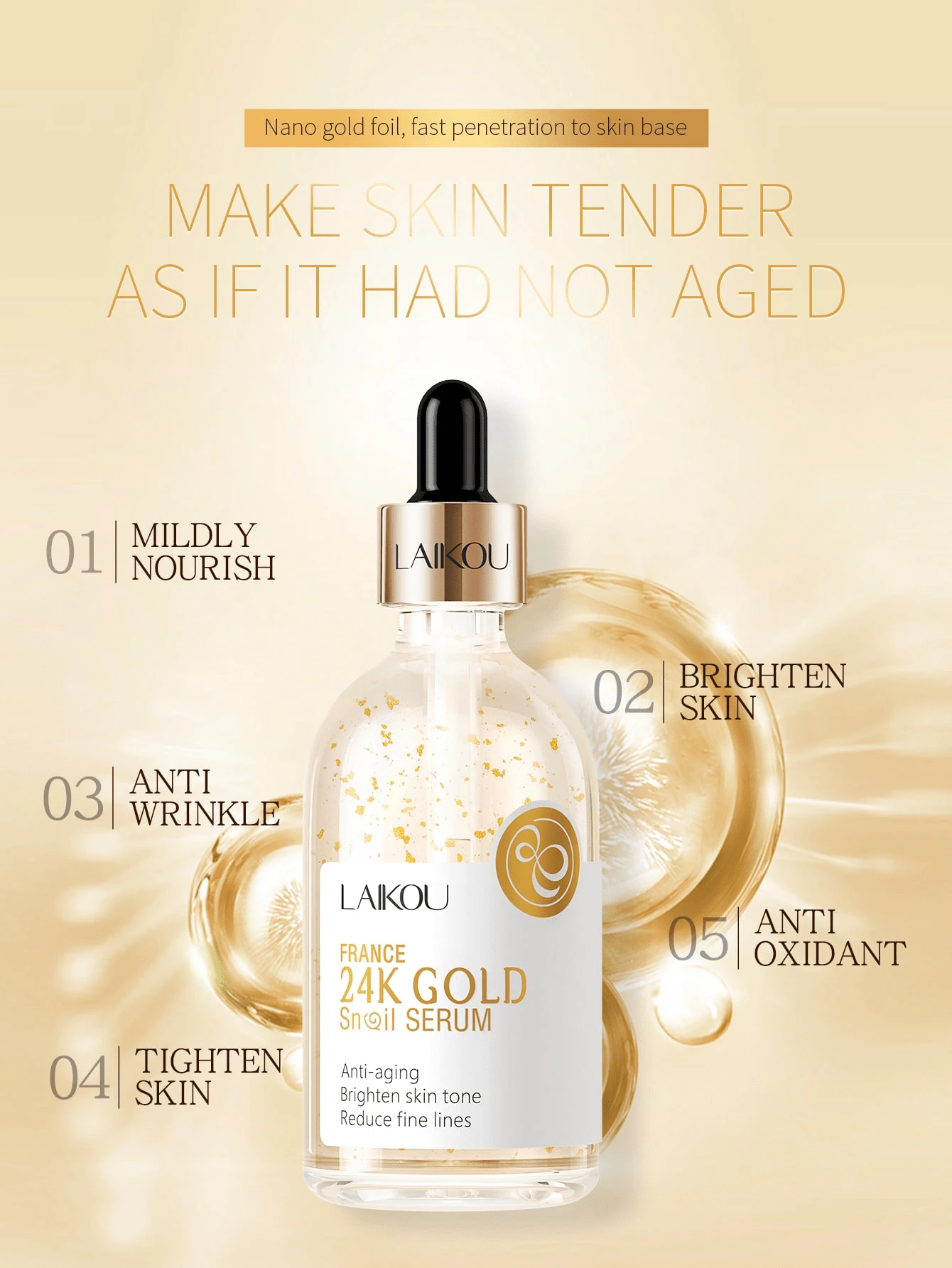 LAIKOU 1ชิ้น Anti-Aging LAIKOU 24K Gold Snail Facial Serum, 100Ml Repairing Face Essence Lifting ...