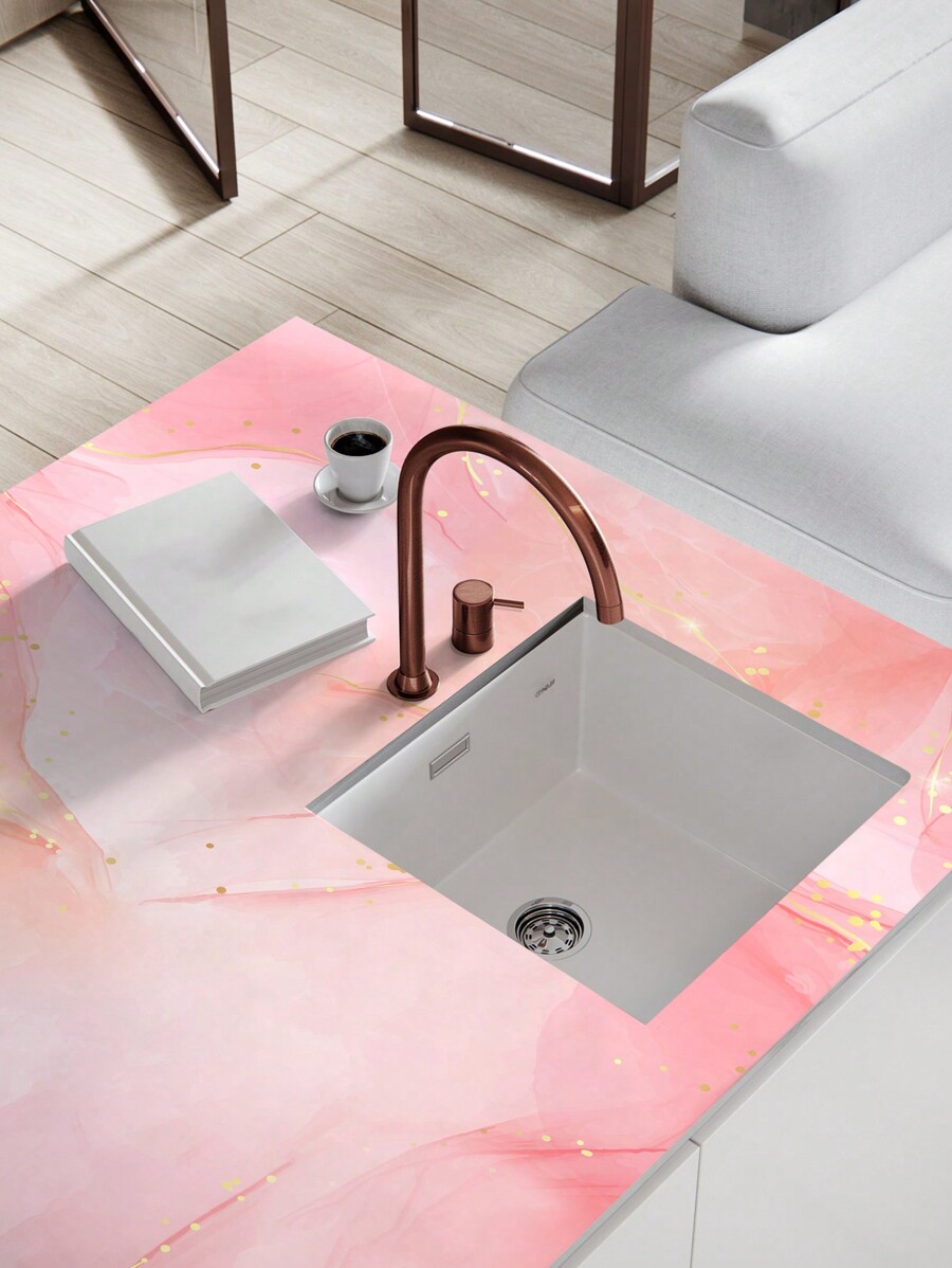 1pc Pink Gold-Marbled Self-Adhesive Kitchen Tile Sticker, Nordic Style ...