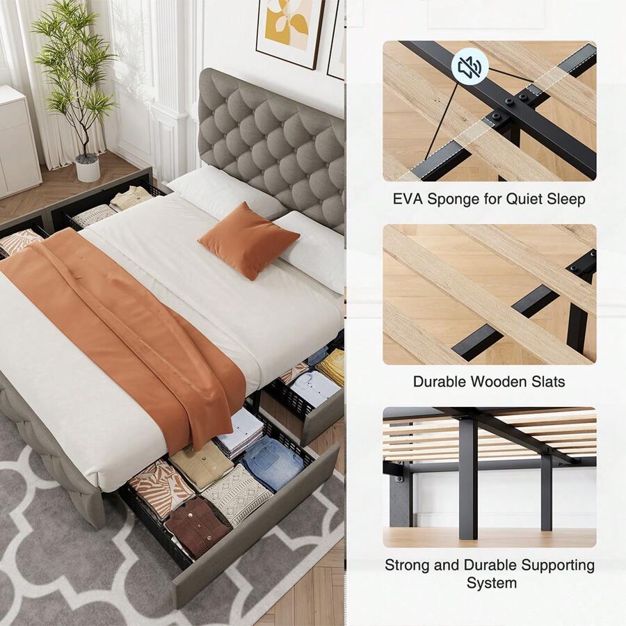 Linen Upholstered Bed Frame With 4 Storage Drawers, Adjustable ...