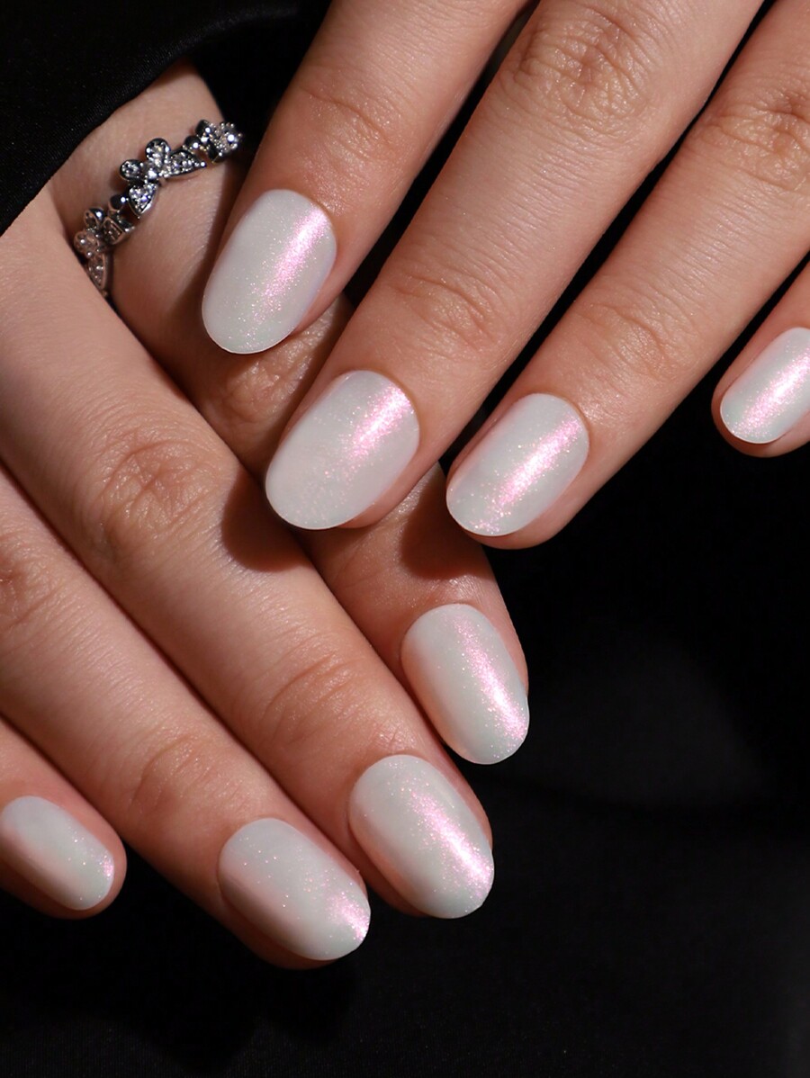 24pcs Crop Oval-Shaped Aurora Pearl White False Nails With A Simple And ...