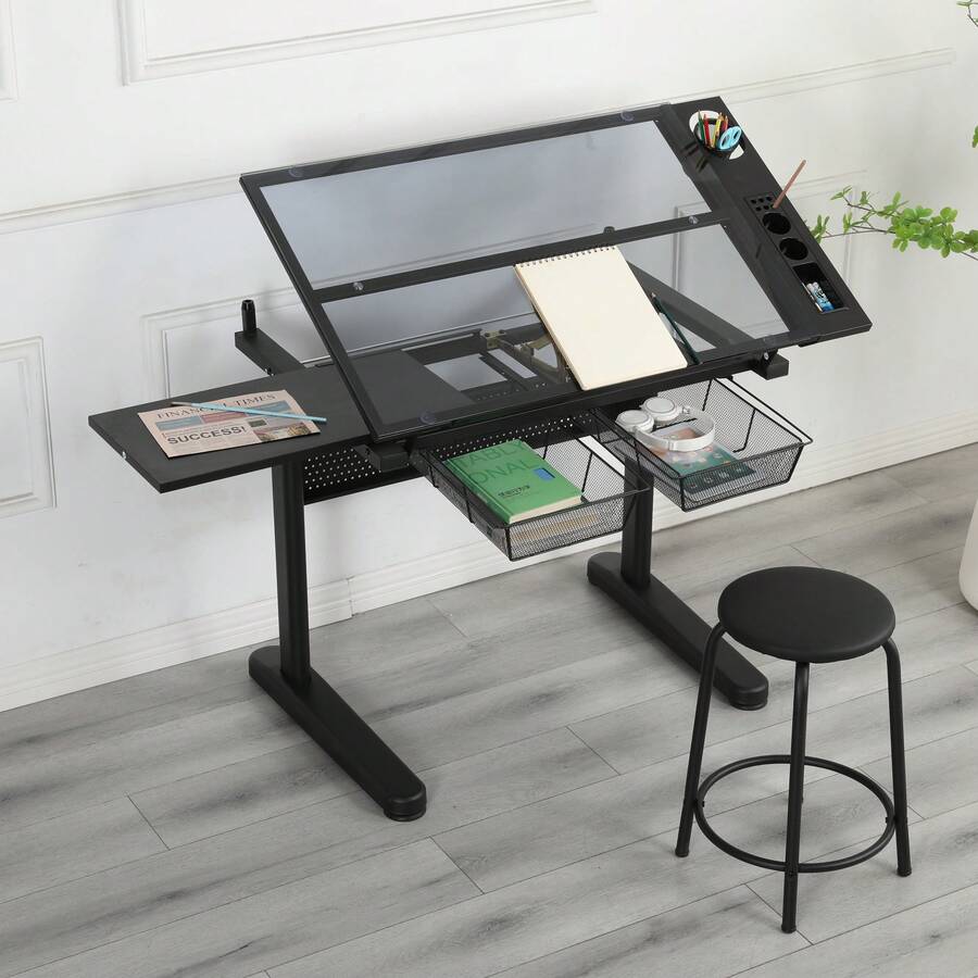 Hand Crank Adjustable Drafting Table Drawing Desk With 2 Metal Drawers ...