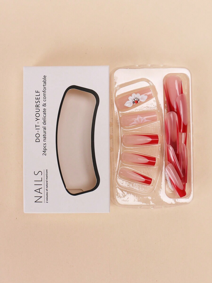 Full Set 24pcs Coffin-Shaped False Nails, In A Mix Of Skin-Tone And Red ...