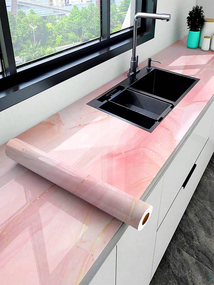 1pc Pink Gold-Marbled Self-Adhesive Kitchen Tile Sticker, Nordic Style ...