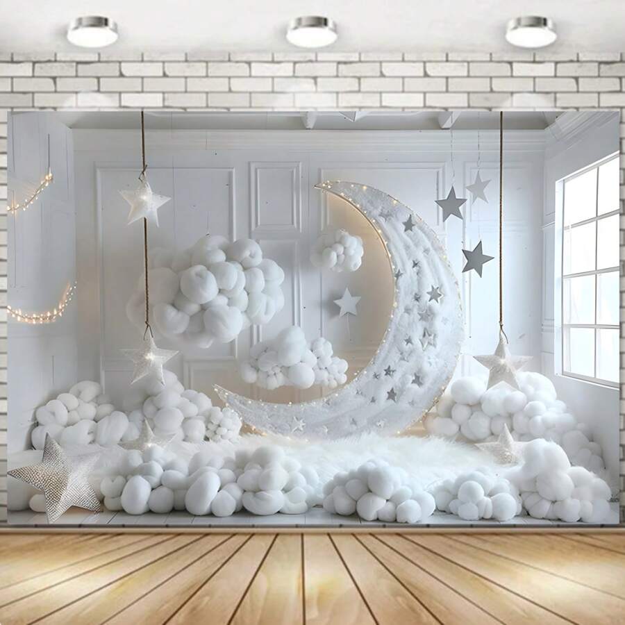 Photography Backdrop White Moon Stars White Clouds Birthday Party ...