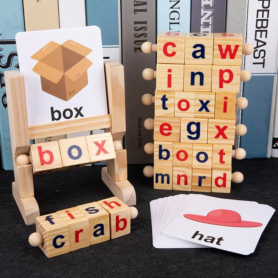 Wooden Reading Building Blocks Short Vowel Spelling Game, Flashcard ...