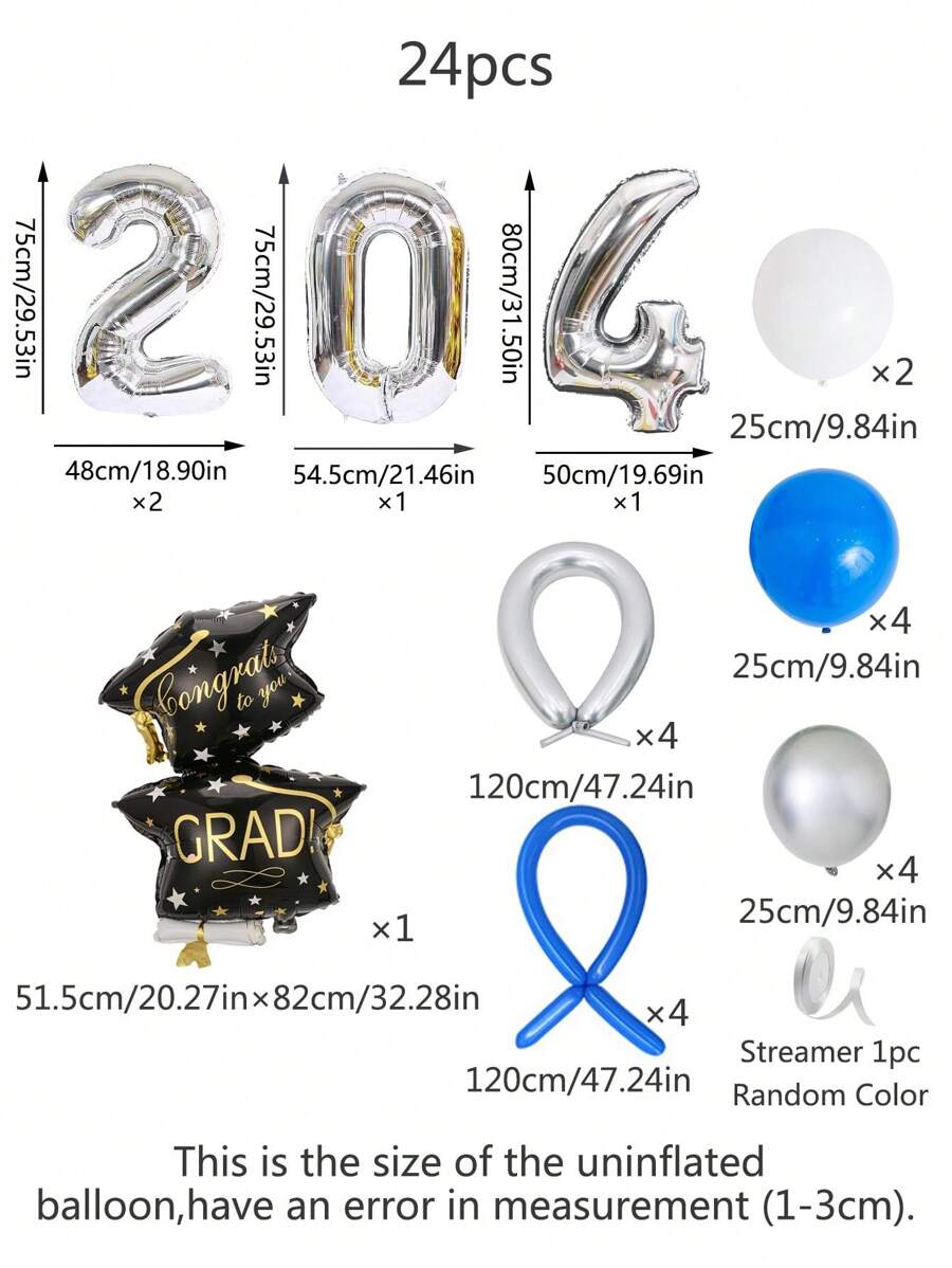 24pcs 2024 Graduation Theme Balloon Set, Silver Number Shaped Foil ...
