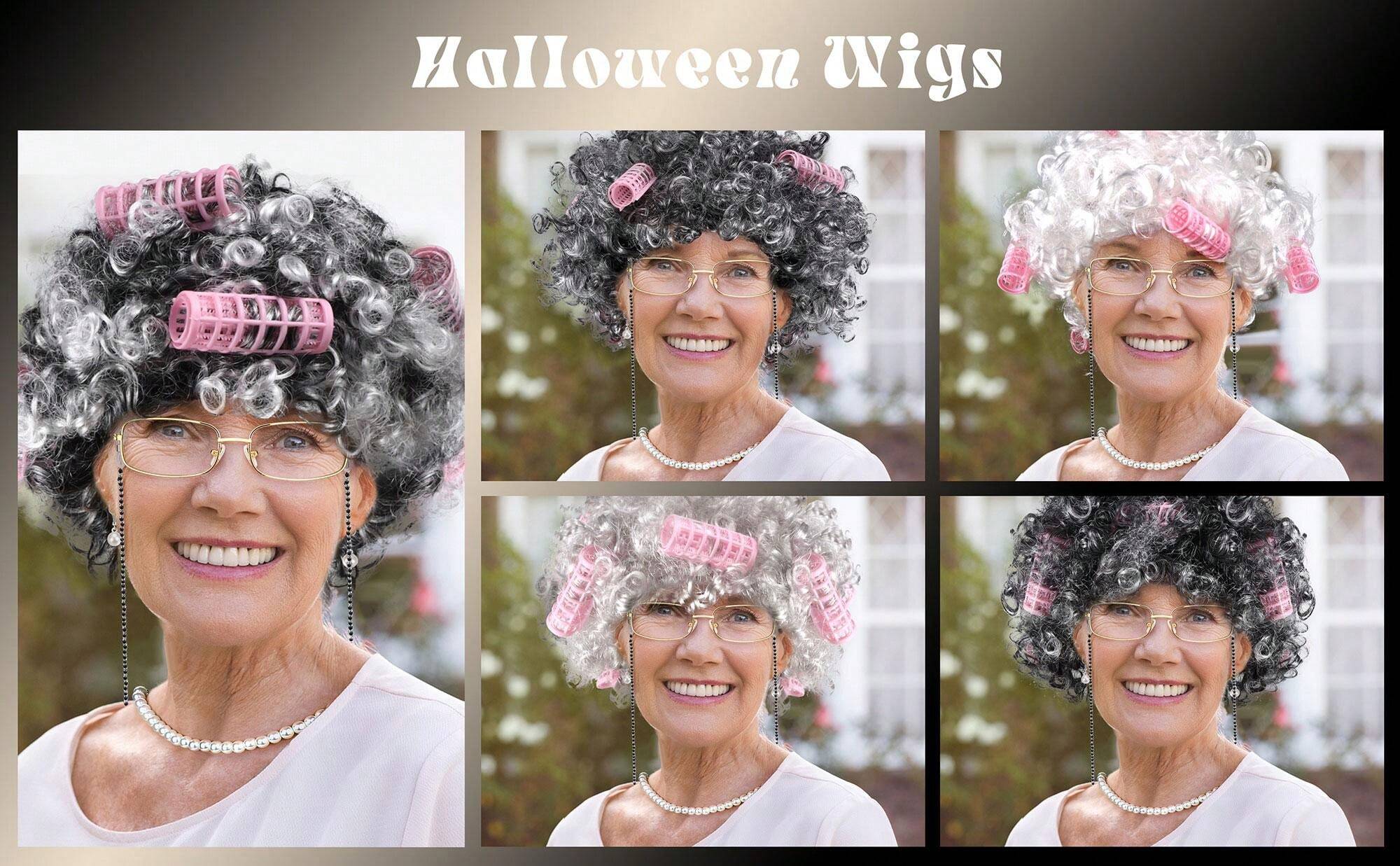 Old Lady Wig Granny Costume For Women Grandma Wig Granny Glasses Chain ...