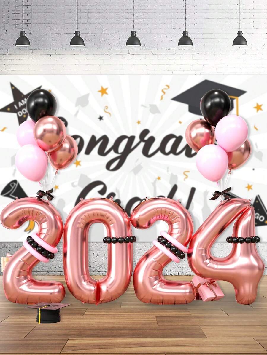 24pcs Graduation Themed Balloon Set, Rose Gold Number Shaped Aluminum ...