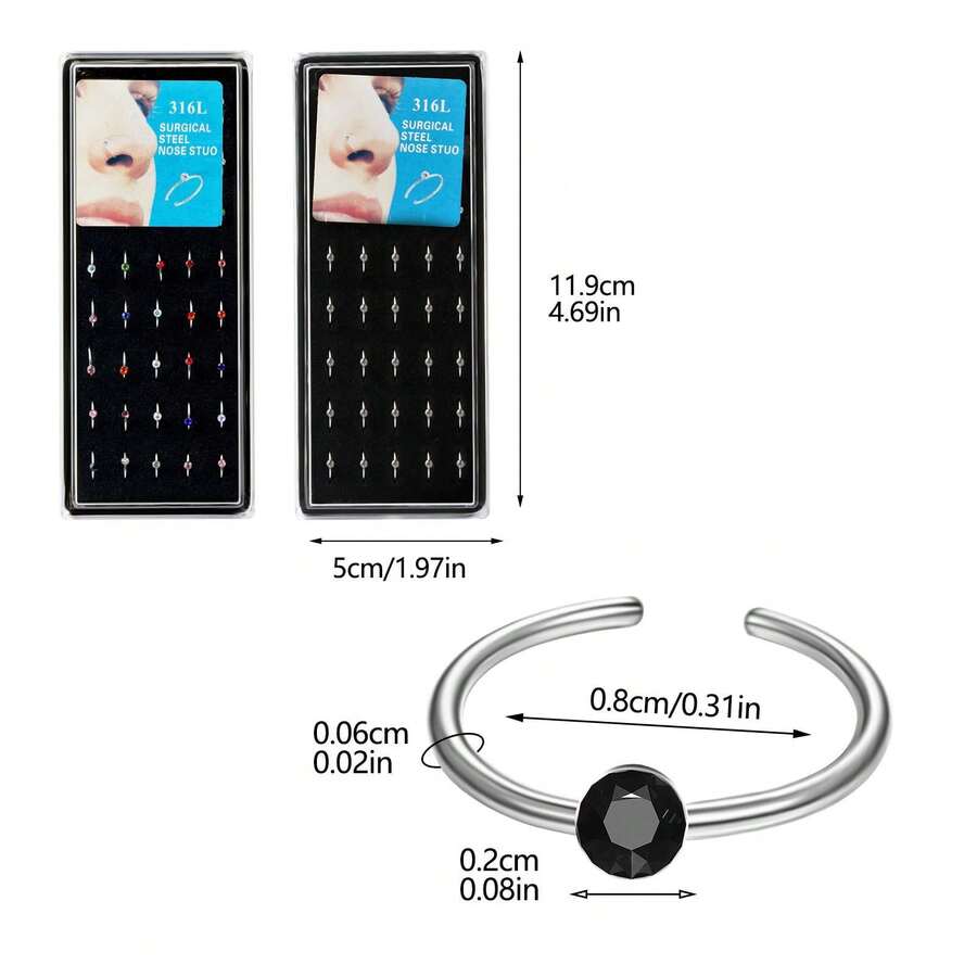 40pcs/Box Stainless Steel Nose Rings Set With CZ Stones, Non-Piercing ...