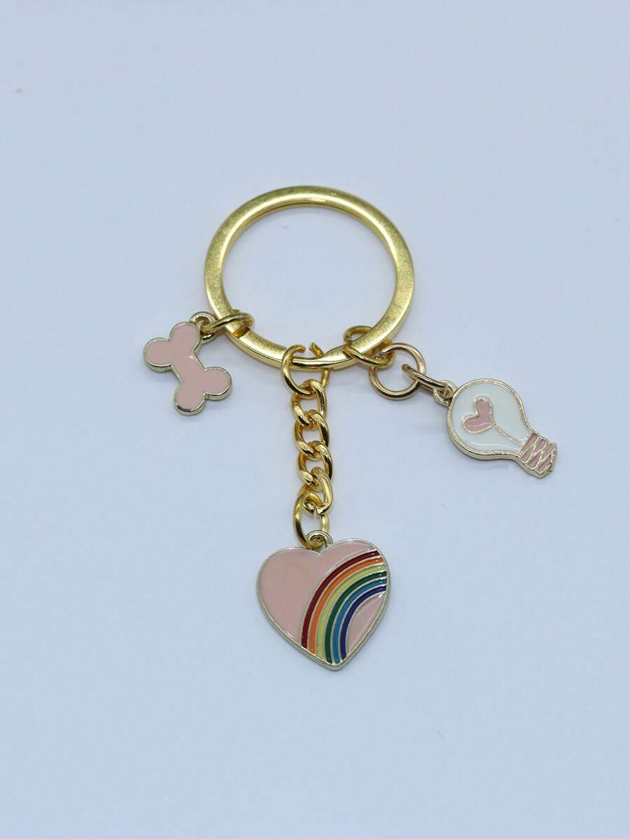 Original Design DIY Keychain With Rainbow Heart Shape, Pink Bone And ...