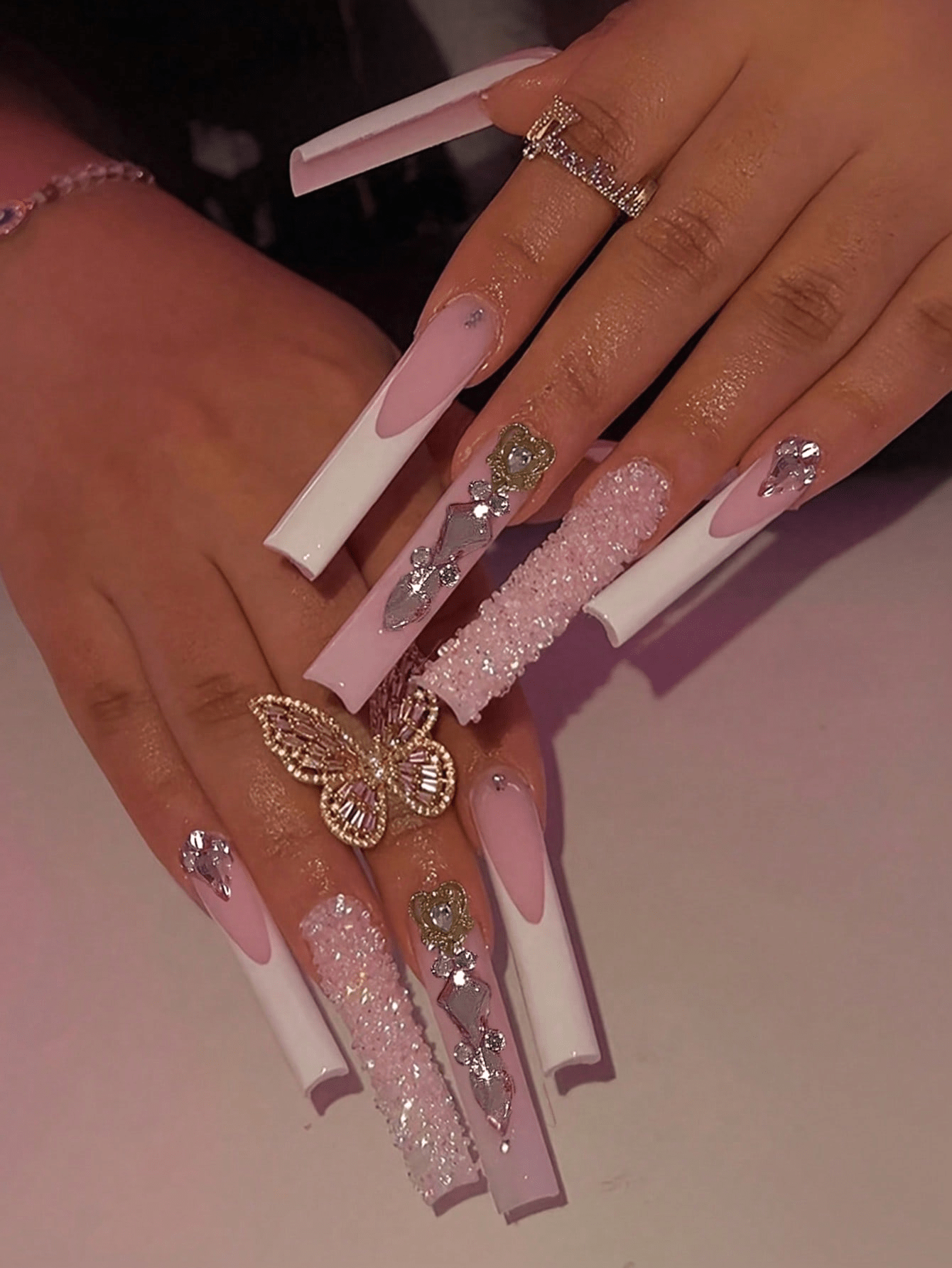 24pcs XXL Long Pipe Fake Nails Pink Gradient Cute Ins Flowers In Water ...