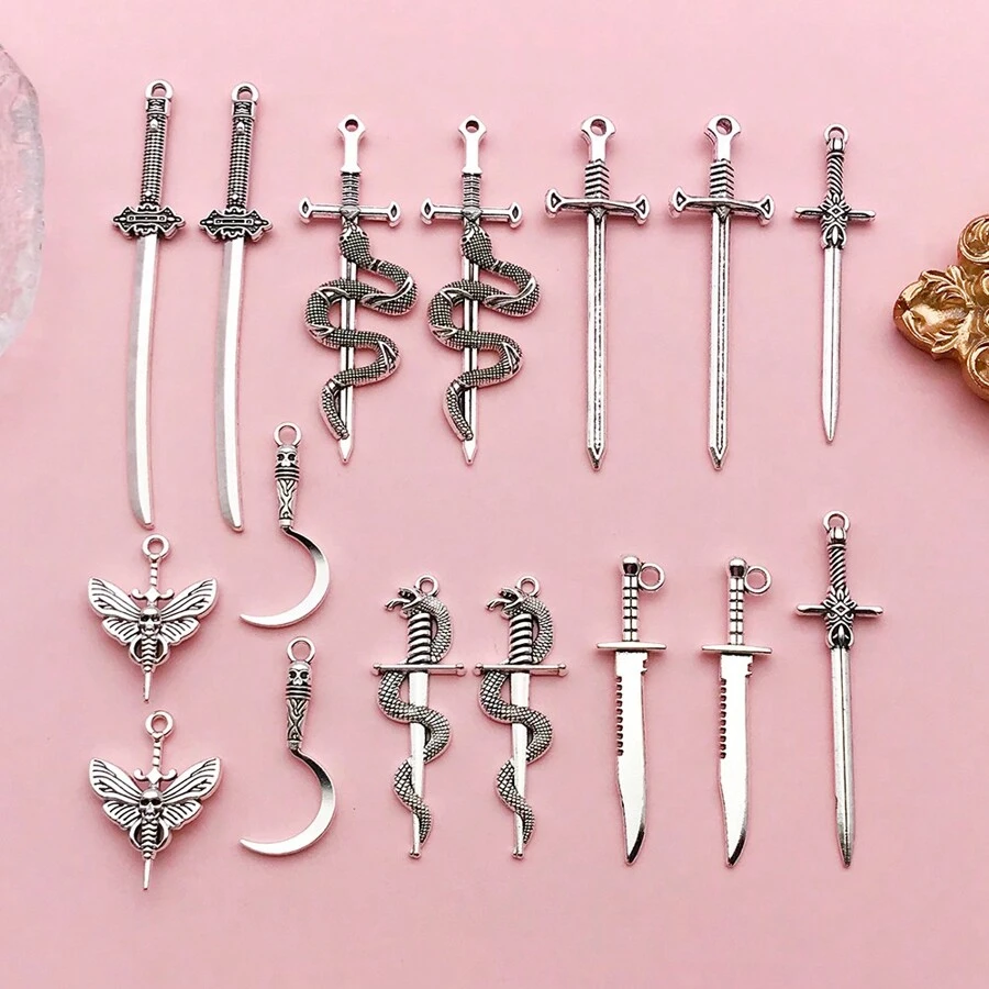 10/16pcs Sword Katana Charms Collection, Antique Silver Tone, Mix ...