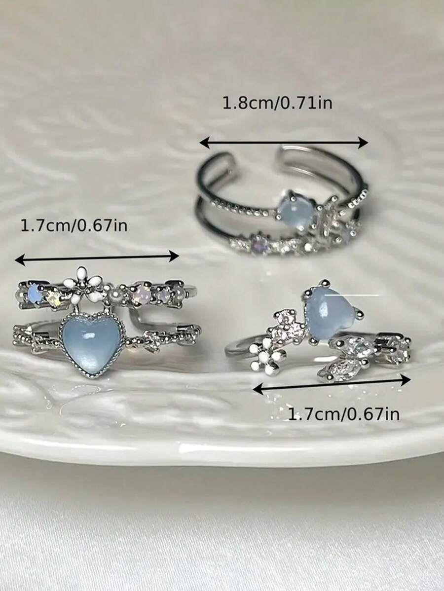 3pcs Coquette Style Stacking Rings Trendy Heart Design Inlaid Zirconia ...