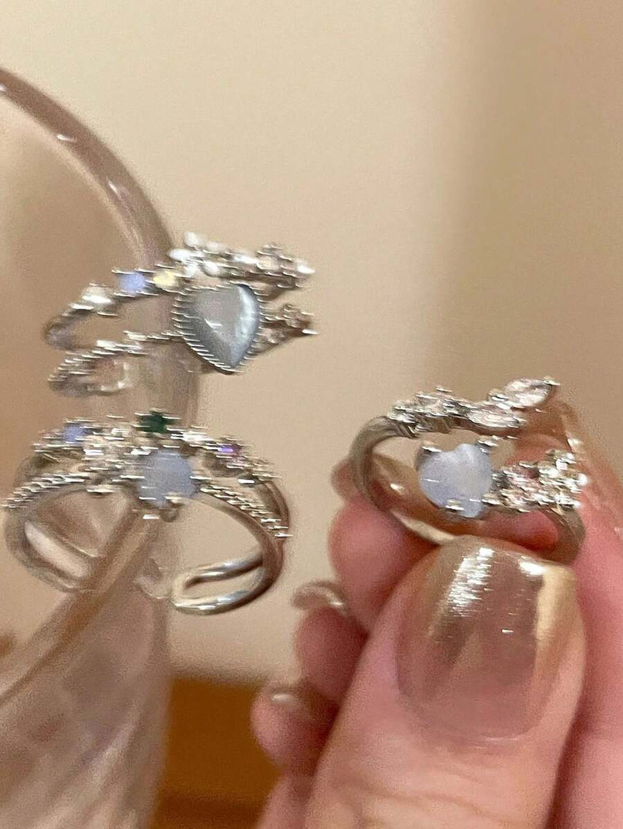 3pcs Coquette Style Stacking Rings Trendy Heart Design Inlaid Zirconia ...