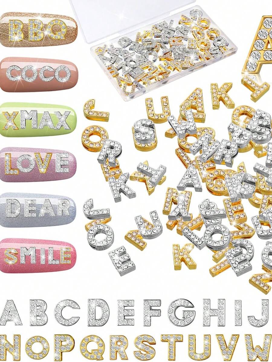 52 Pieces Letters Nail Stud Stickers Alloy Rhinestone Letter Charms 3D ...