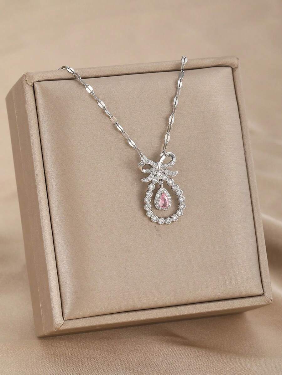 1pc Girls Sweet Delicate Classy Water Drop Shaped Pink Cubic Zirconia