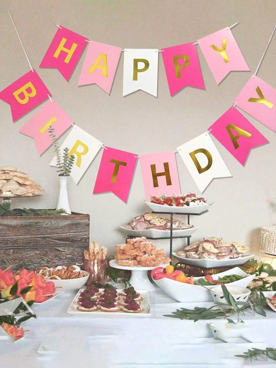Pink Happy Birthday Banner With Golden Glitter Fun Birthday Party ...