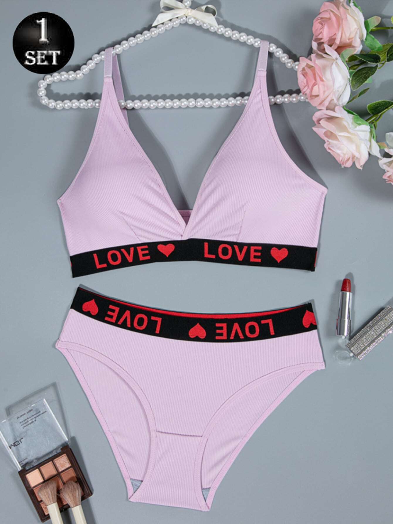 Conjunto de Bra y ropa interior para damas con rayas con letras de LOVE ...