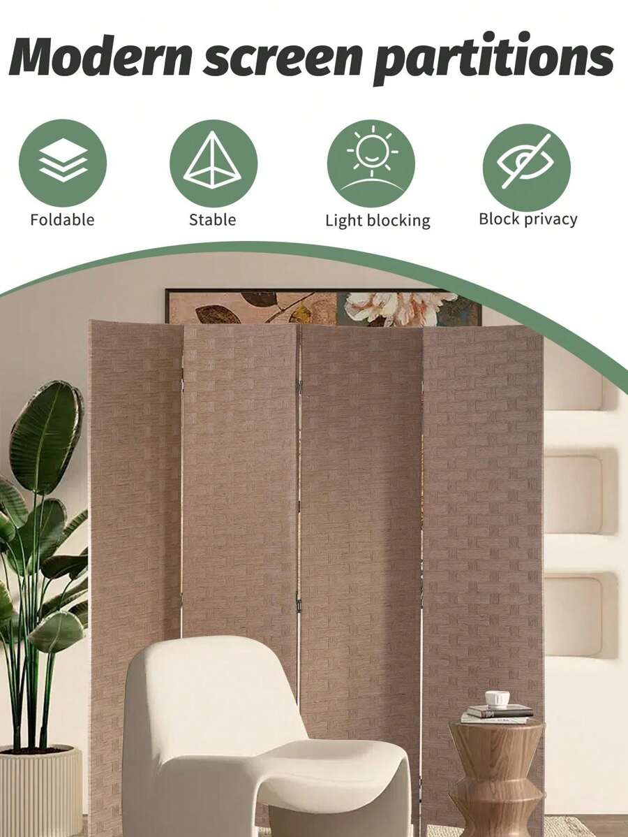 Room Divider 6FT Wall Divider Wood Screen 4 Panels Wood Mesh Hand-Woven ...