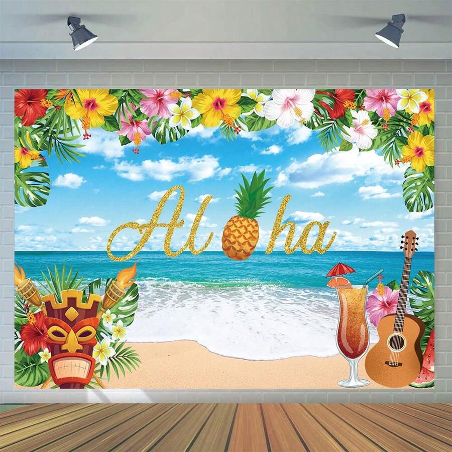 1pc Summer Aloha Photography Background, Hawaiian Beach Floral Blue Sky ...