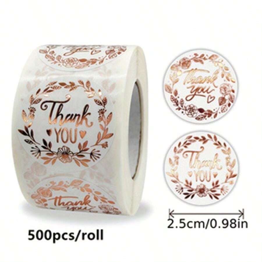 500 Stickers/Roll 3.8cm Roll-Pack Olive Branch & Rose Gold Foil Thank ...