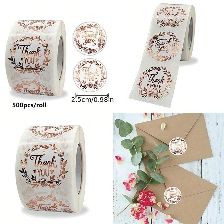 500 Stickers/Roll 3.8cm Roll-Pack Olive Branch & Rose Gold Foil Thank ...
