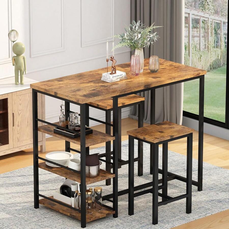 Bar Dining Table Set For 2 With 3 Storage Shelves, Bar Table And Chairs ...