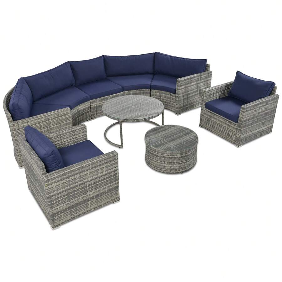 MERAX 9-Pieces Outdoor Half-Moon Patio Sofa Set, Round Sofa Set, Modern ...