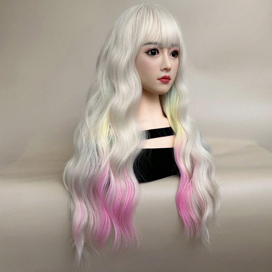 Peruca longa, ondulada e cacheada com franja colorida em arco-íris de ...