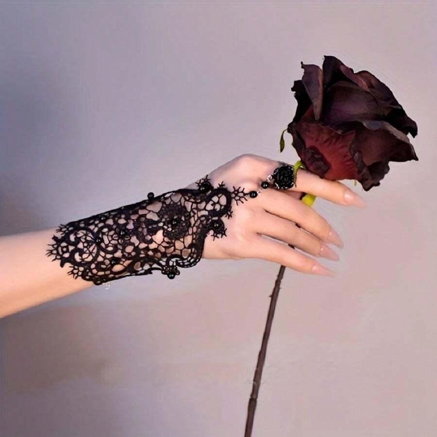 1pc Finger Ring Lace Glove Vintage Hollow Out Fingerless Black Glove ...