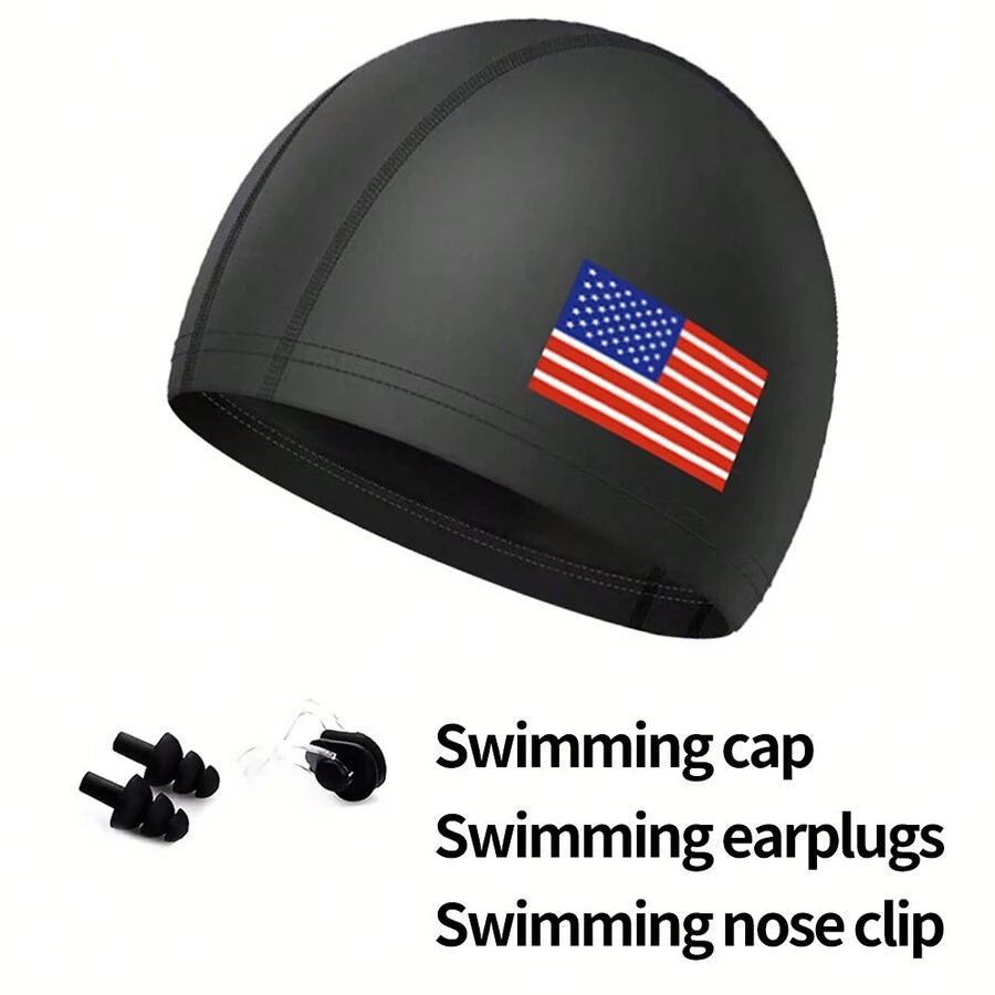 USA Flag Printed Swimming Cap Set, Include PU Swimming Cap, Swim Ear ...