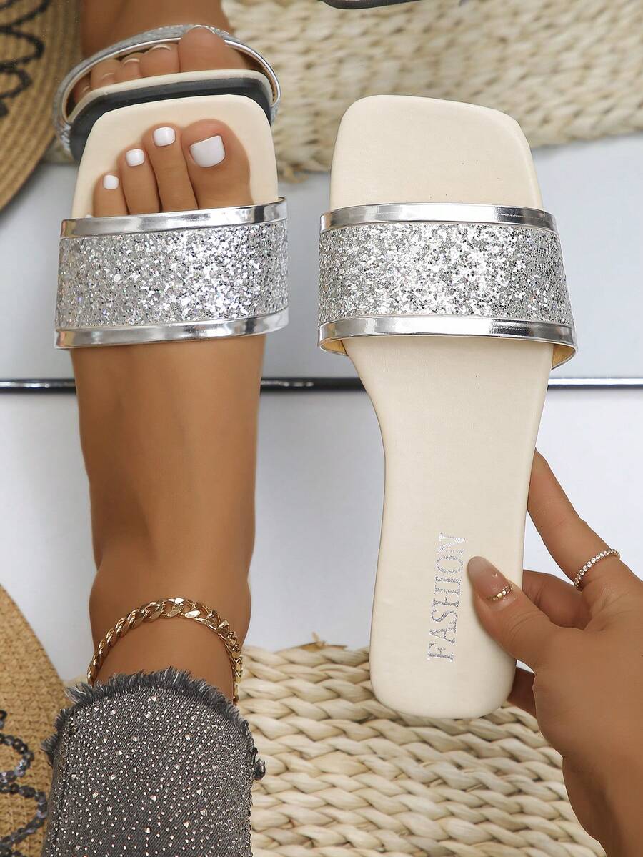 Women Silver Glitter Square Toe Flat Sandals, Comfortable Lightweight ...