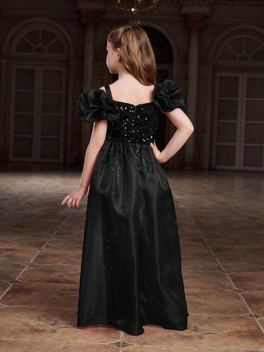 Tween Girl Puff Sleeve Sequined Mermaid Evening Dress With Mesh ...