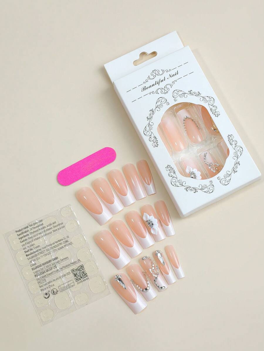 24pcs Glossy Long Square Press On Nails 3D Alloy Butterfly, Flower ...