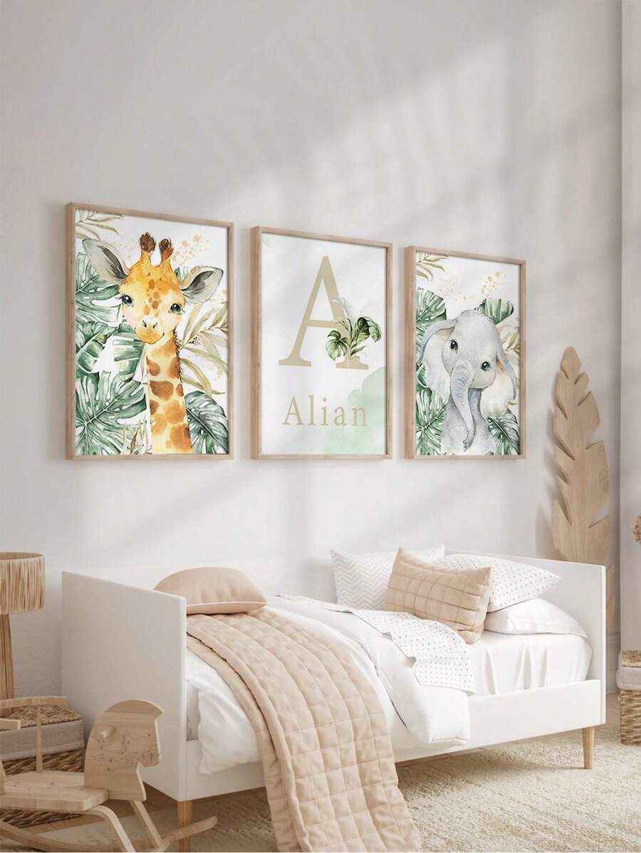 3pcs Custom Name Art Prints Personalized Elephant Wall Pictures Leopard ...