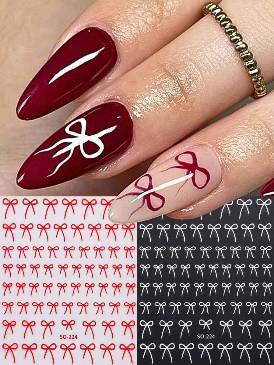 2pcs Red White Bow Line Nail Stickers 3D Ribbon Bow Sticky Flowers Cute ...