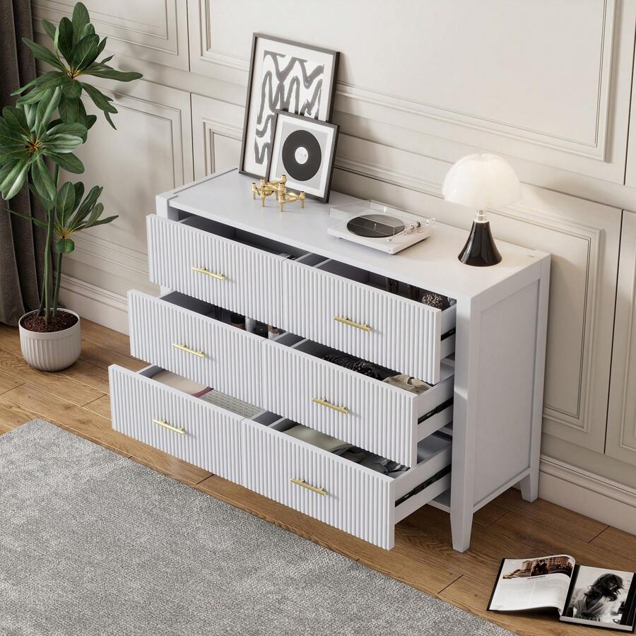 6 Drawer Dresser With Metal Handle For Bedroom, Storage Cabinet With ...