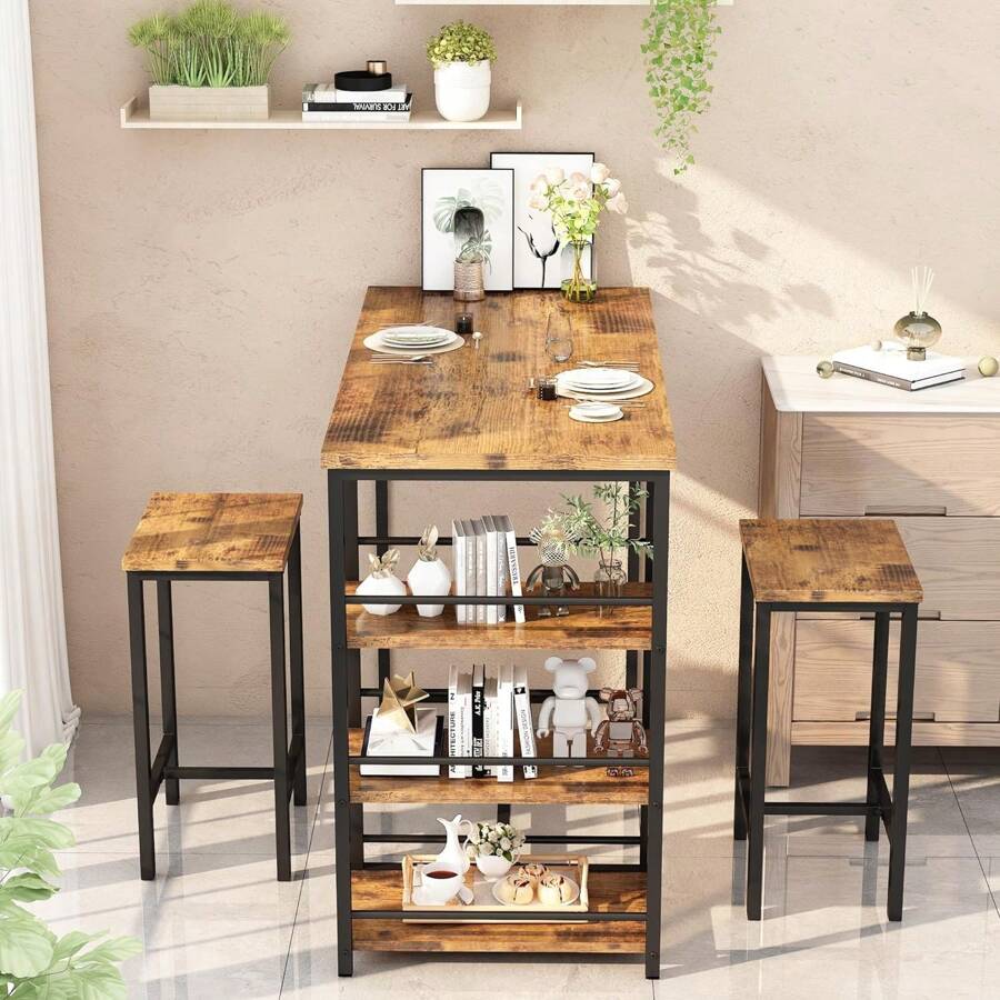 Bar Dining Table Set For 2 With 3 Storage Shelves, Bar Table And Chairs ...