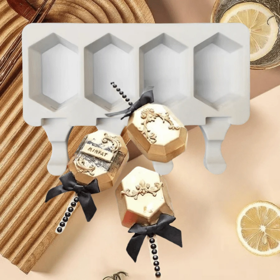 1pc White Random Shaped 4 Grid Hexagonal Silicone Ice Cream Mold, Ice ...