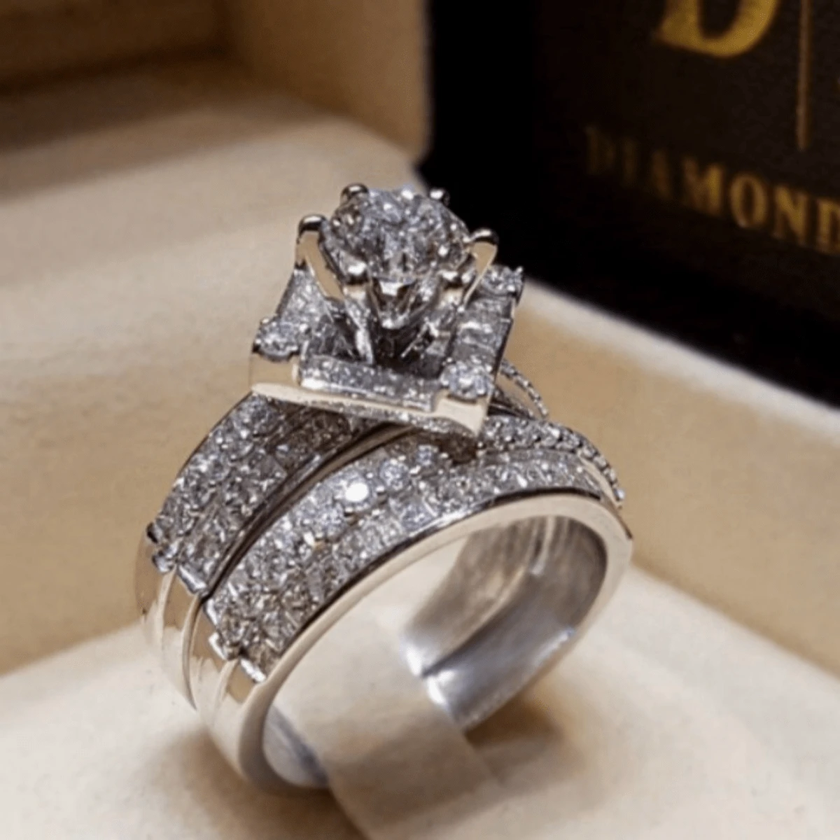 Cross-border Full Rhinestone Double Layer Ring Set For Women, Couple ...