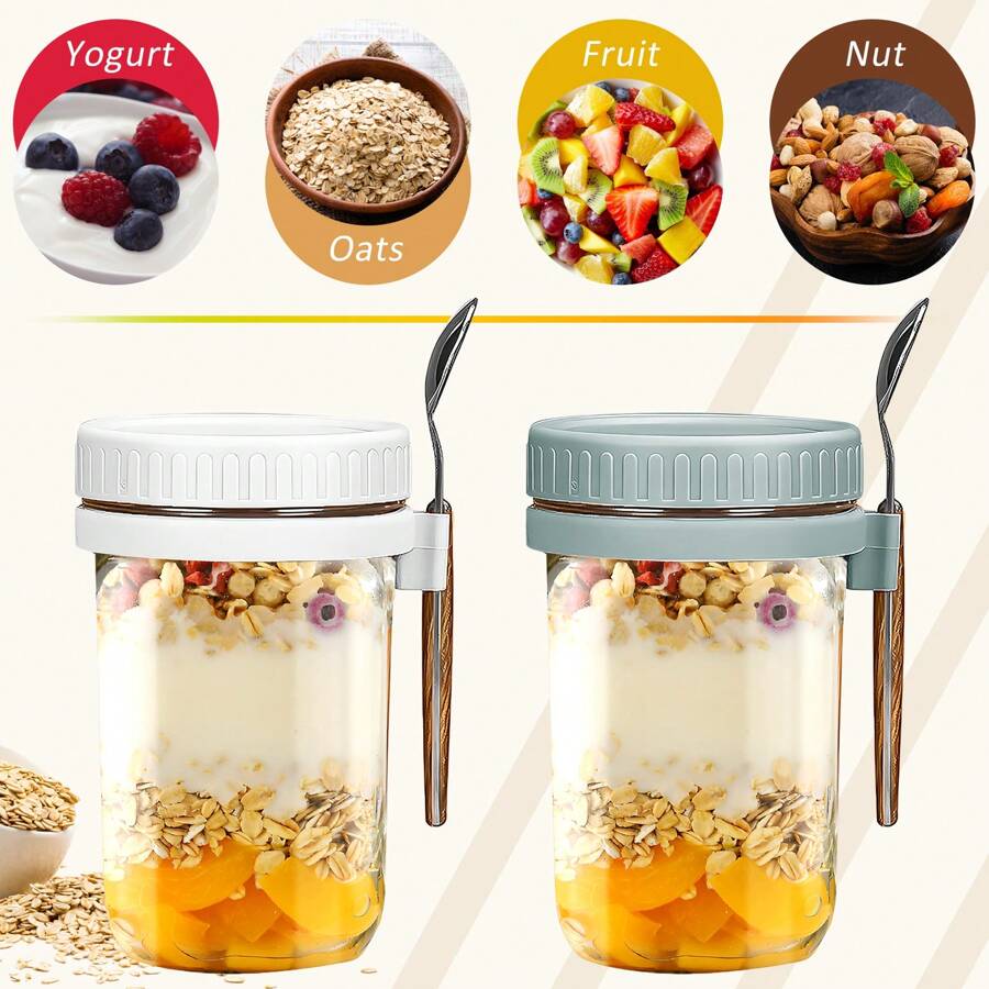 2Pcs Overnight Oats Container With Lid And Stainless Steel Spoon 20oz Overnight Oats Jars ...