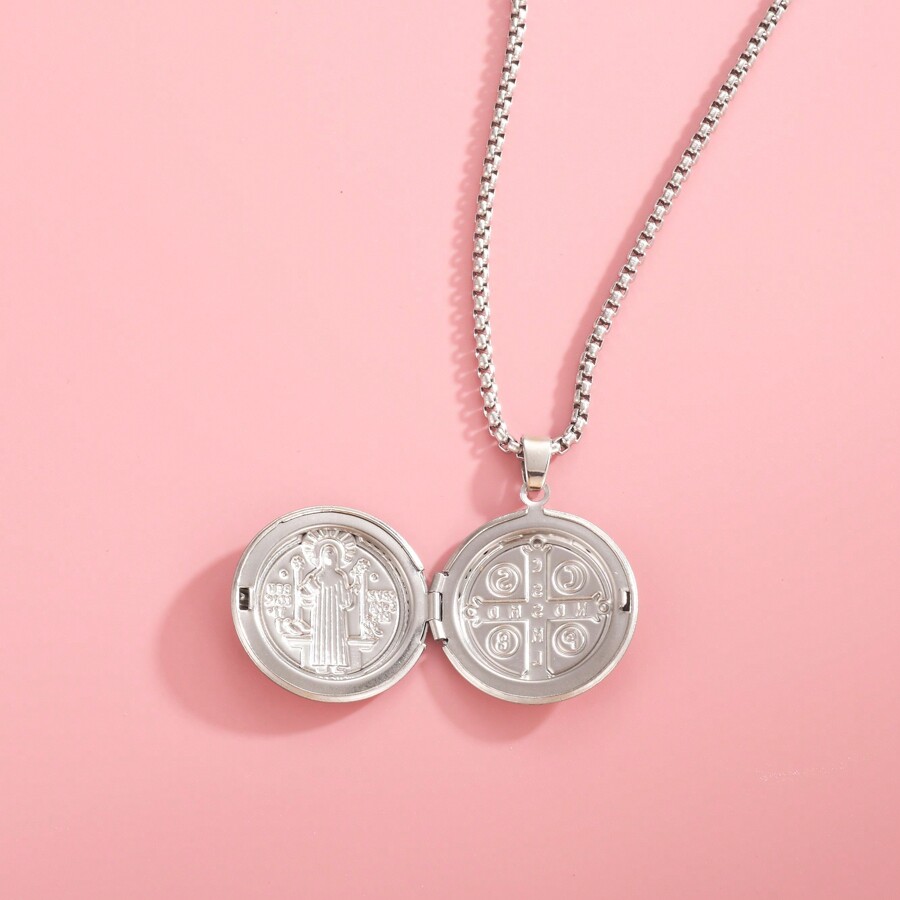 1pc Stainless Steel St. Benedict Medal Locket Pendant Necklace With ...