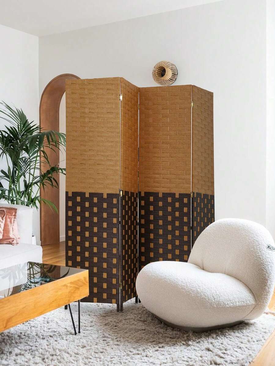 Room Divider 6FT Wall Divider Wood Screen 4 Panels Wood Mesh Hand-Woven ...